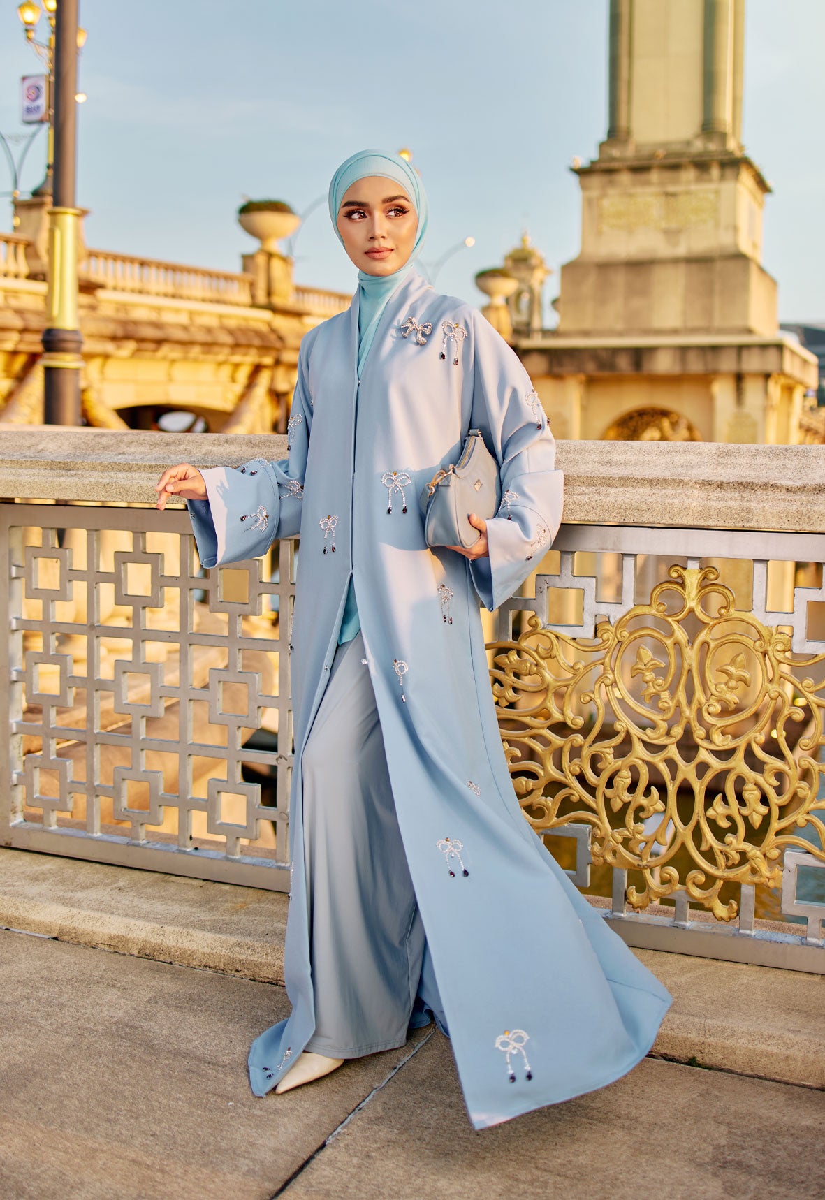 WAFA LUXE RIBBON ABAYA - PASTEL BLUE
